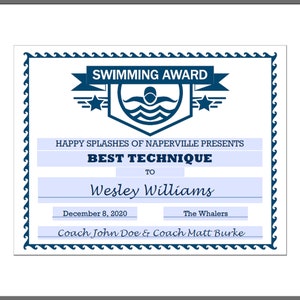Fillable/editable Text PDF Sports Team Swim Swimming Certificate Award ...