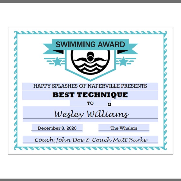 Swimming Certificate - Etsy