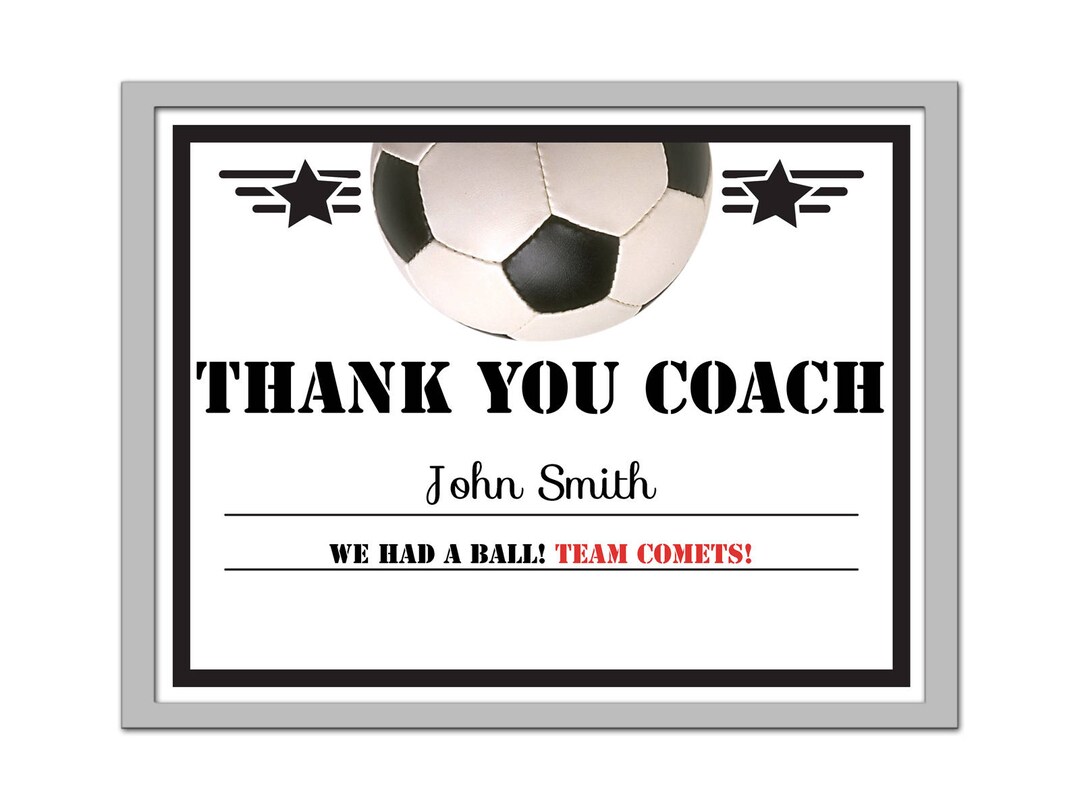 Editable PDF Sports Team Game Soccer Thank You Coach Certificate Award ...