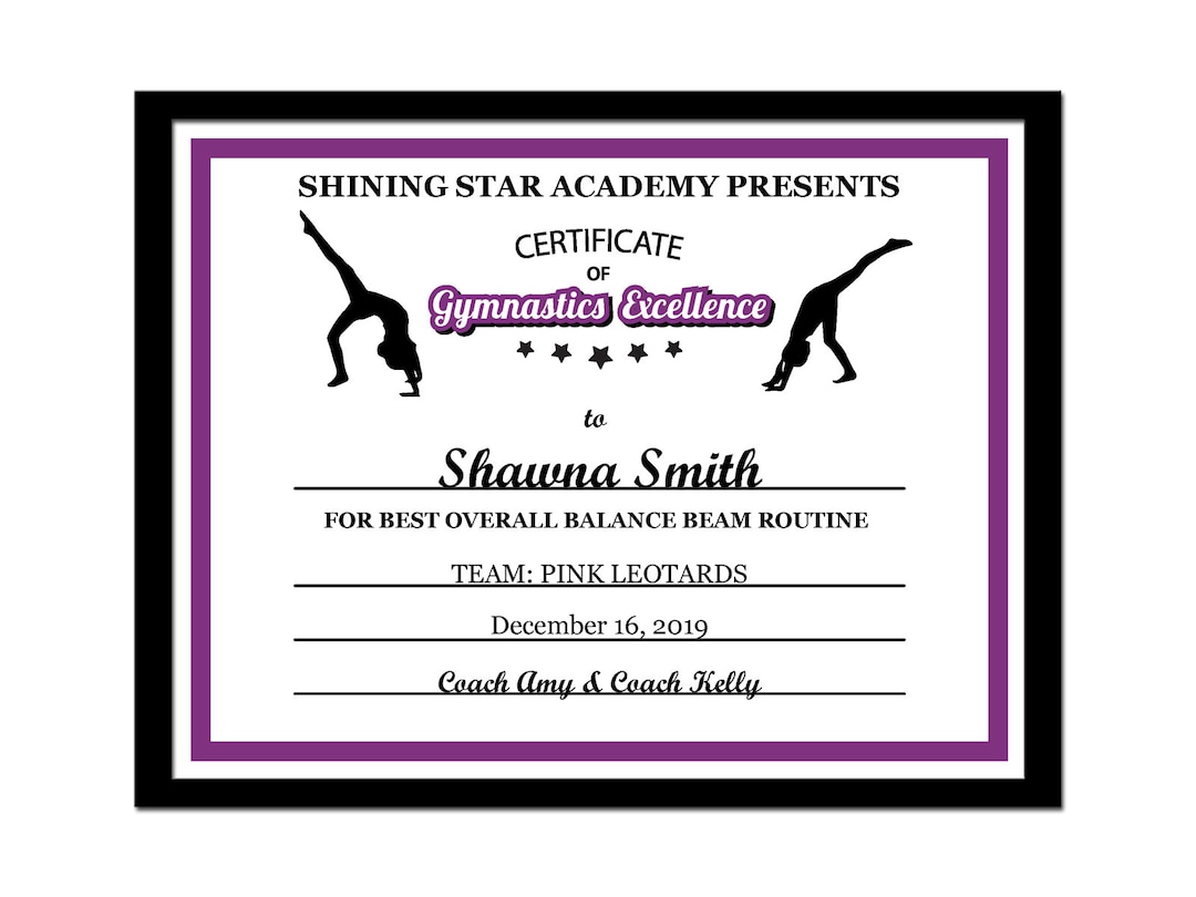 Editable PDF Sports Team Gymnastics Certificate Award Template in 10 ...