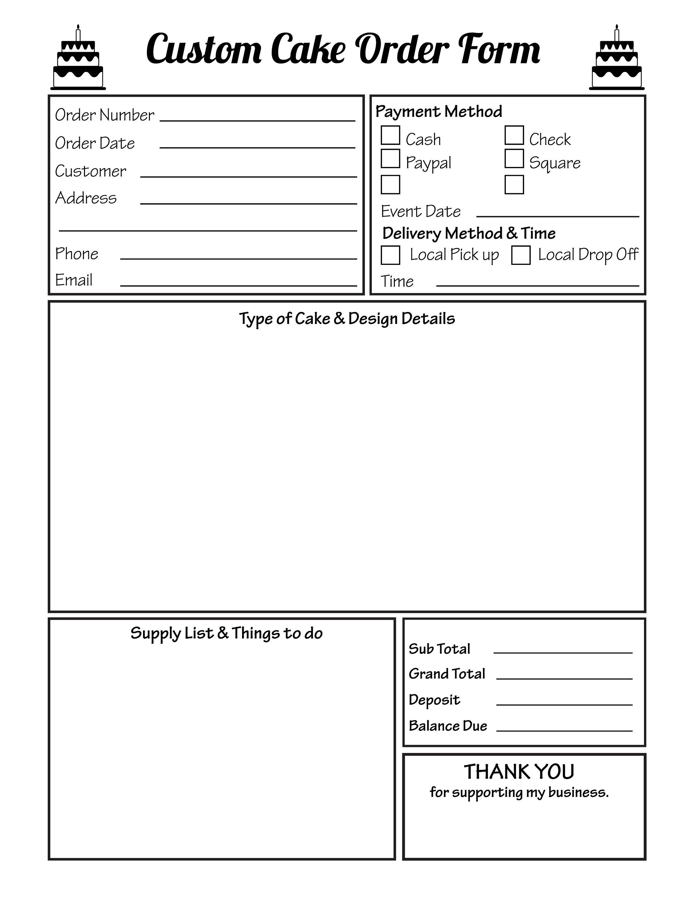 Fillable/editable Text Only Custom Cake Order Form PDF Letter Size Form ...