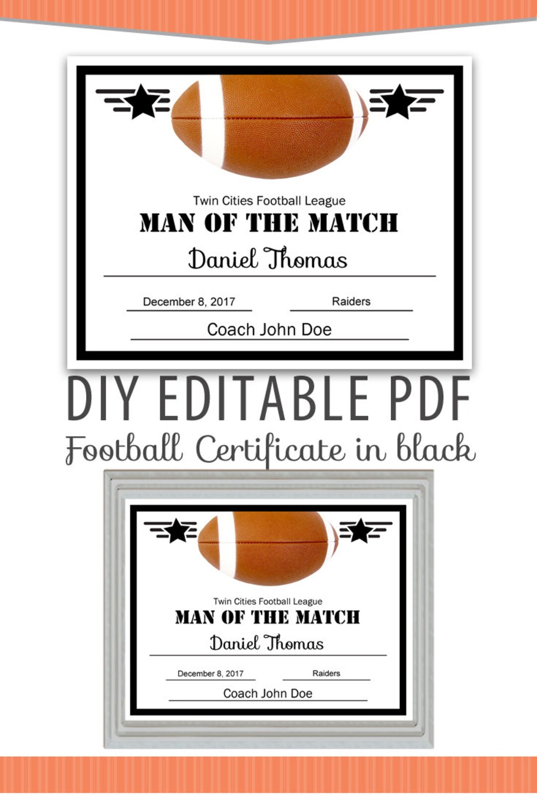 Editable PDF Sports Team Football Certificate Award Template Diy ...