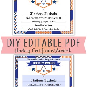 Editable PDF Hockey Sports Team Certificate Award Template Letter Size ...