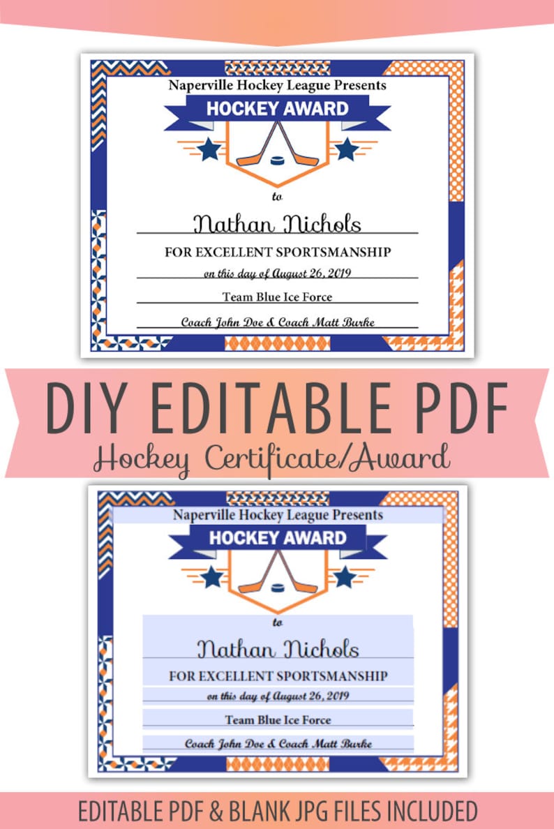 Editable PDF Hockey Sports Team Certificate Award Template - Etsy