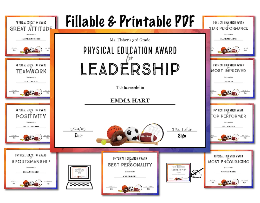 Fillable & Printable PDF PE Physical Education Kids Children Teacher ...