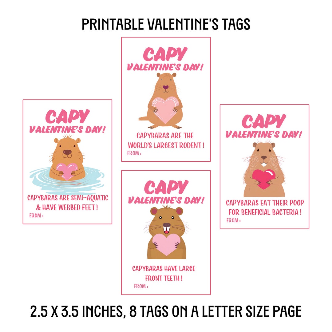 Capybara Valentine's Day Printable Gift Favor Tag, Classroom Valentine ...