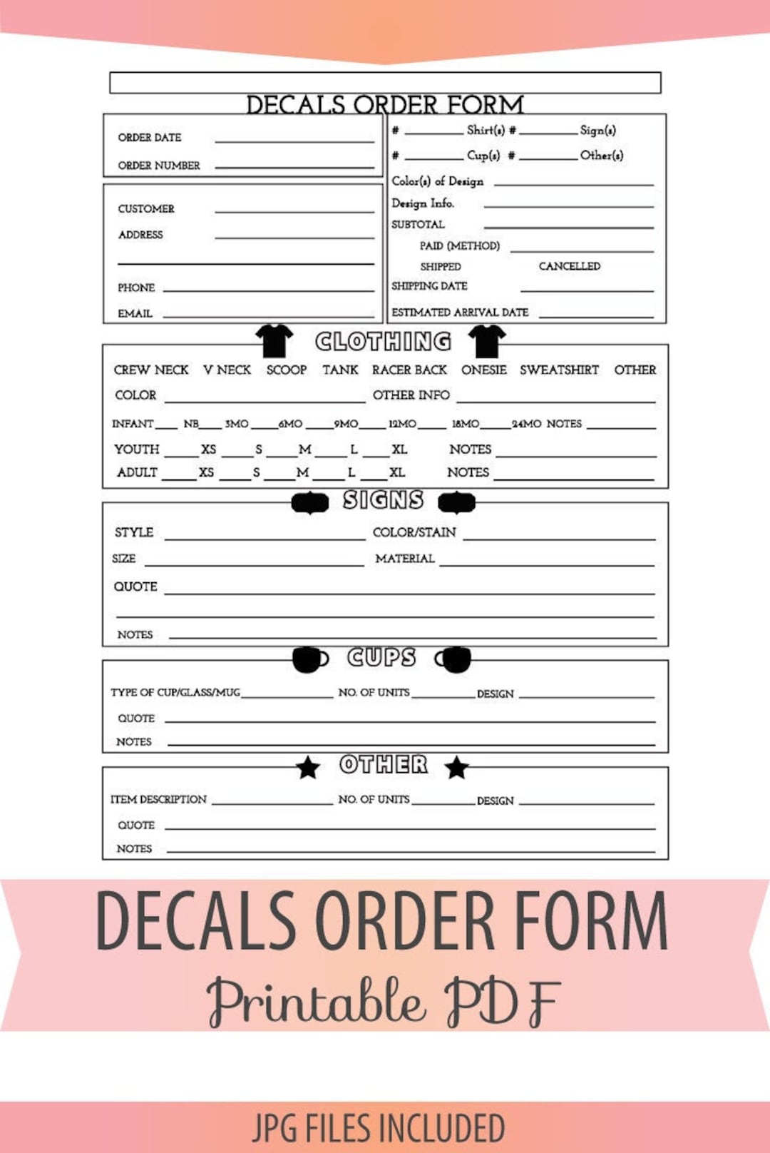 Vinyl Decals Order Form: Custom Clothing, Cups, Signs (PDF & JPG) - Etsy