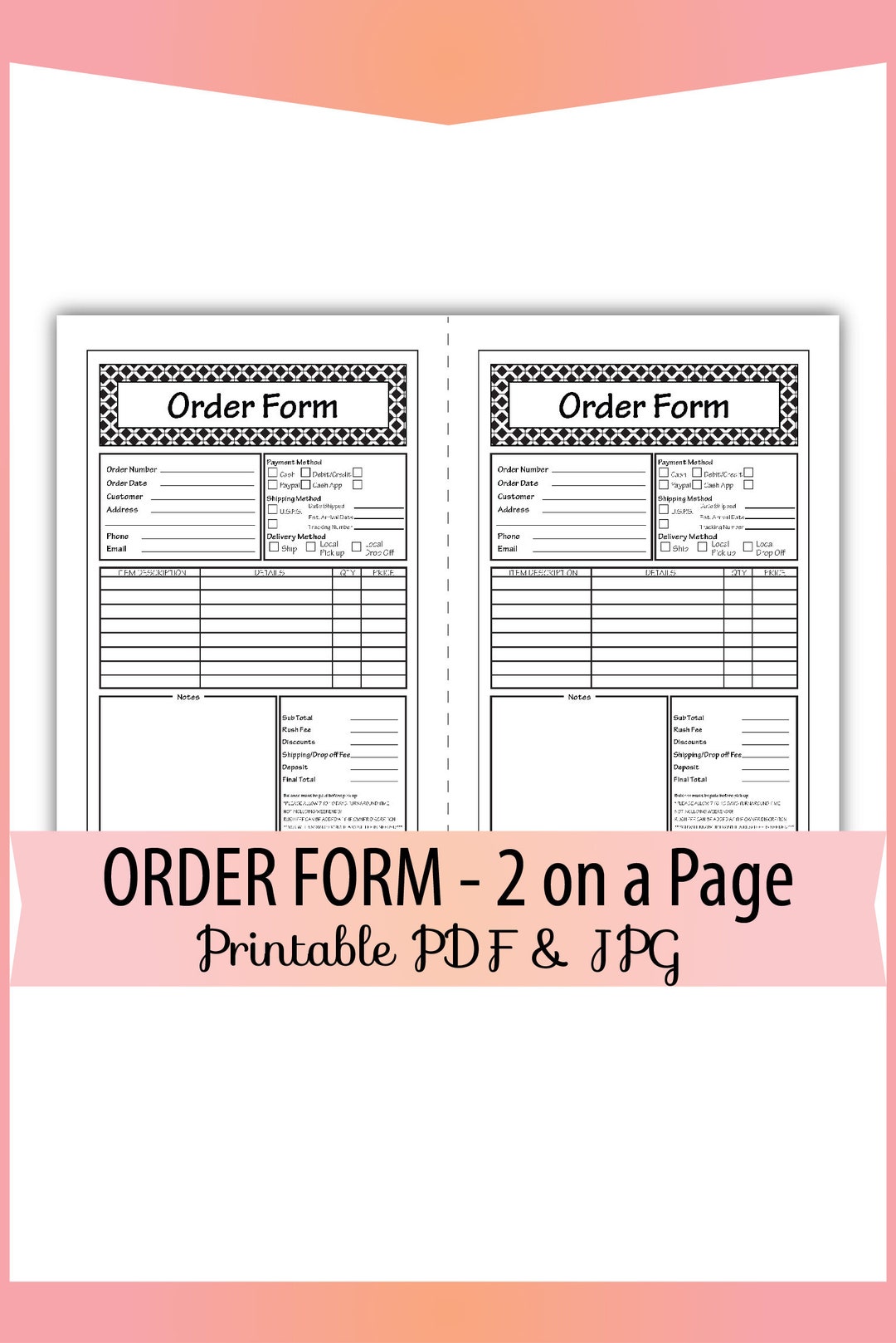 Printable Order Form Letter Size - 2 on a Page, Half Sheets Size ...