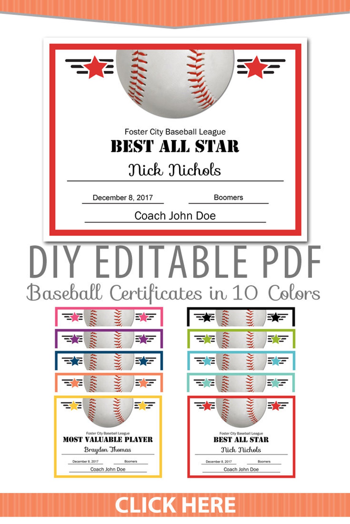 Editable PDF Sports Team Baseball Certificate Award Template - Etsy