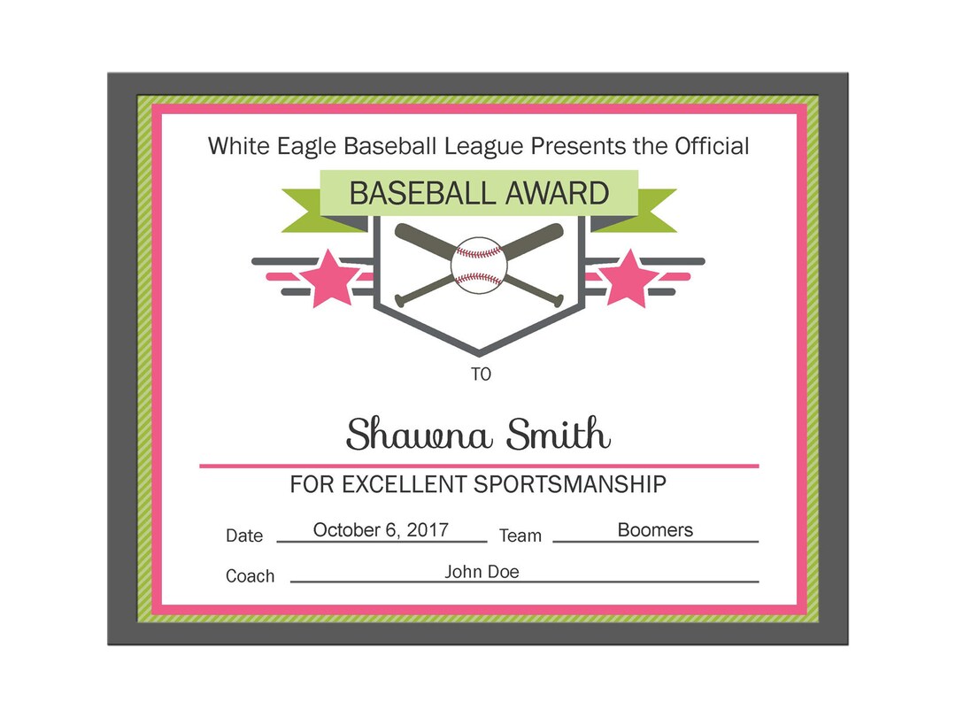 Editable PDF Sports Team Baseball Certificate Award Template in 3 ...