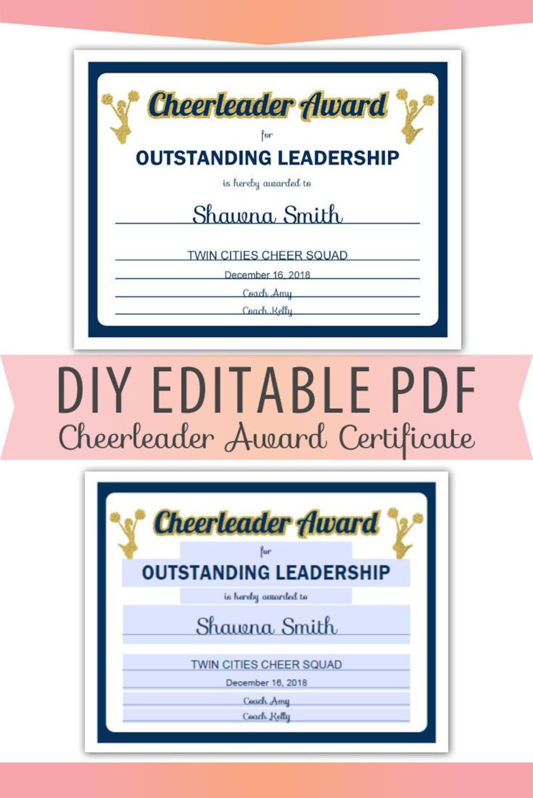 Cheerleader Award Certificate: Navy & Gold DIY Template (editable PDF ...