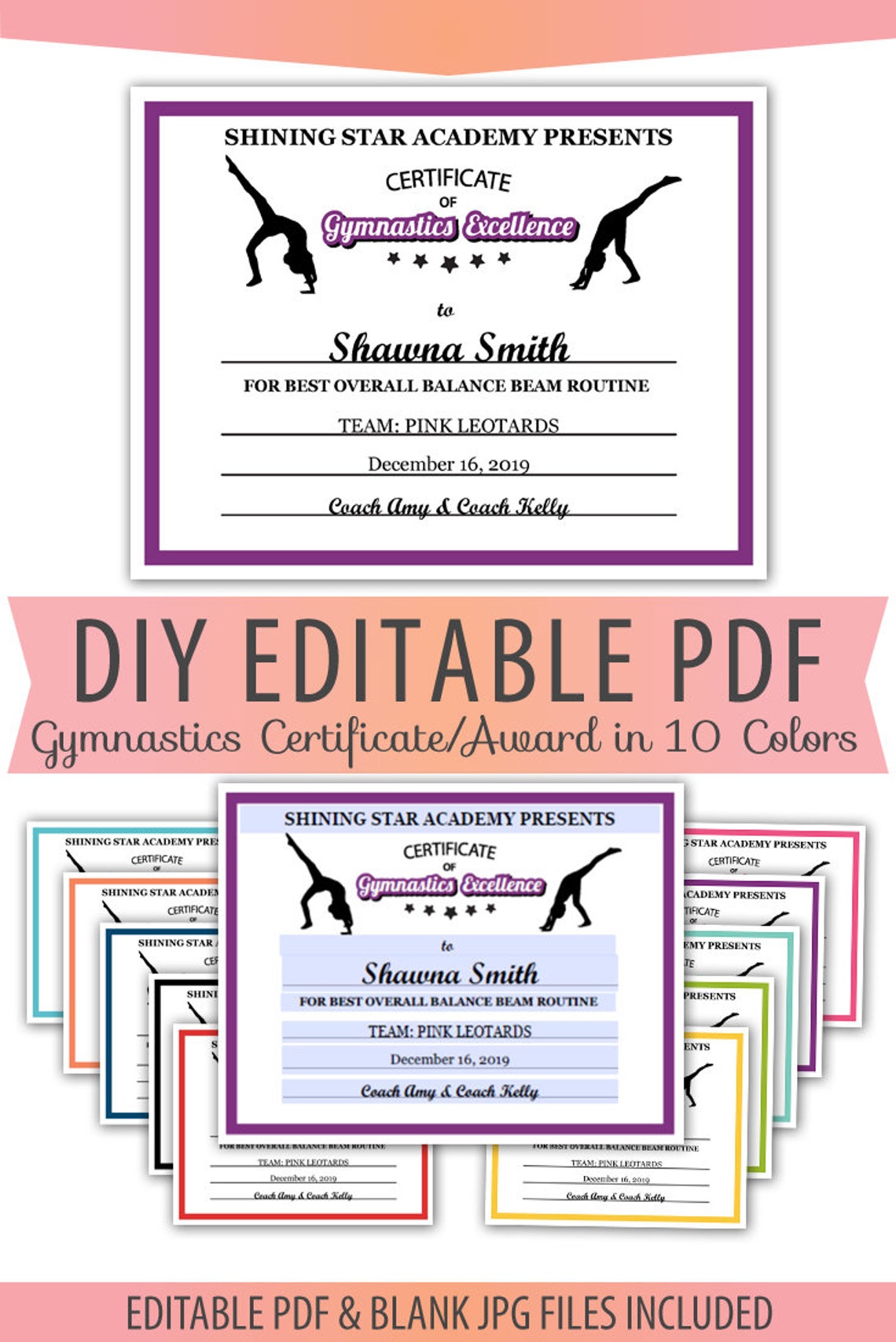 Editable PDF Sports Team Gymnastics Certificate Award Template - Etsy