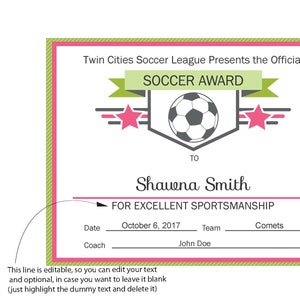 Editable PDF Sports Team Soccer Certificate Award Template in 3 Colors ...