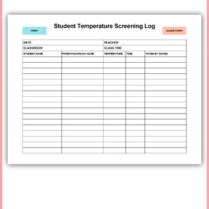 Student/child Temperature Screening Log Form Fillable/editable Text ...