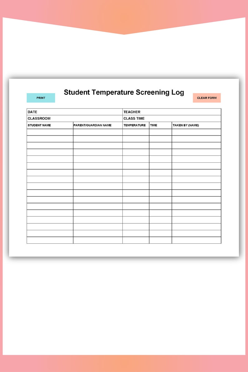 Student/child Temperature Screening Log Form Fillable/editable | Etsy