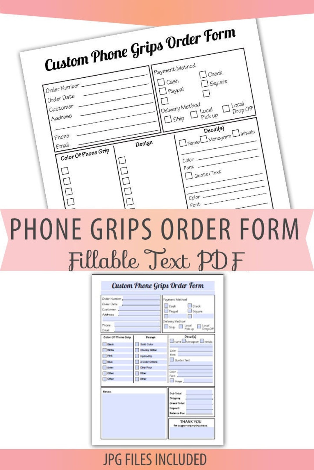 Custom Phone Grips Order Form Fillable/editable Text Only PDF Decals ...