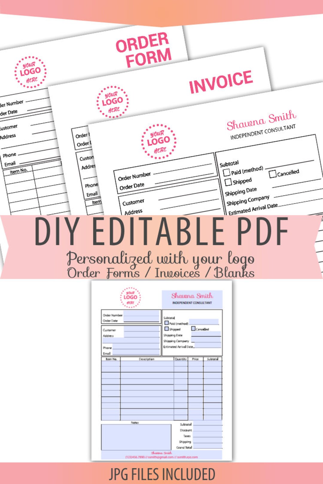 Personalized With Your Logo DIY Editable PDF Order Form Invoice Blank ...