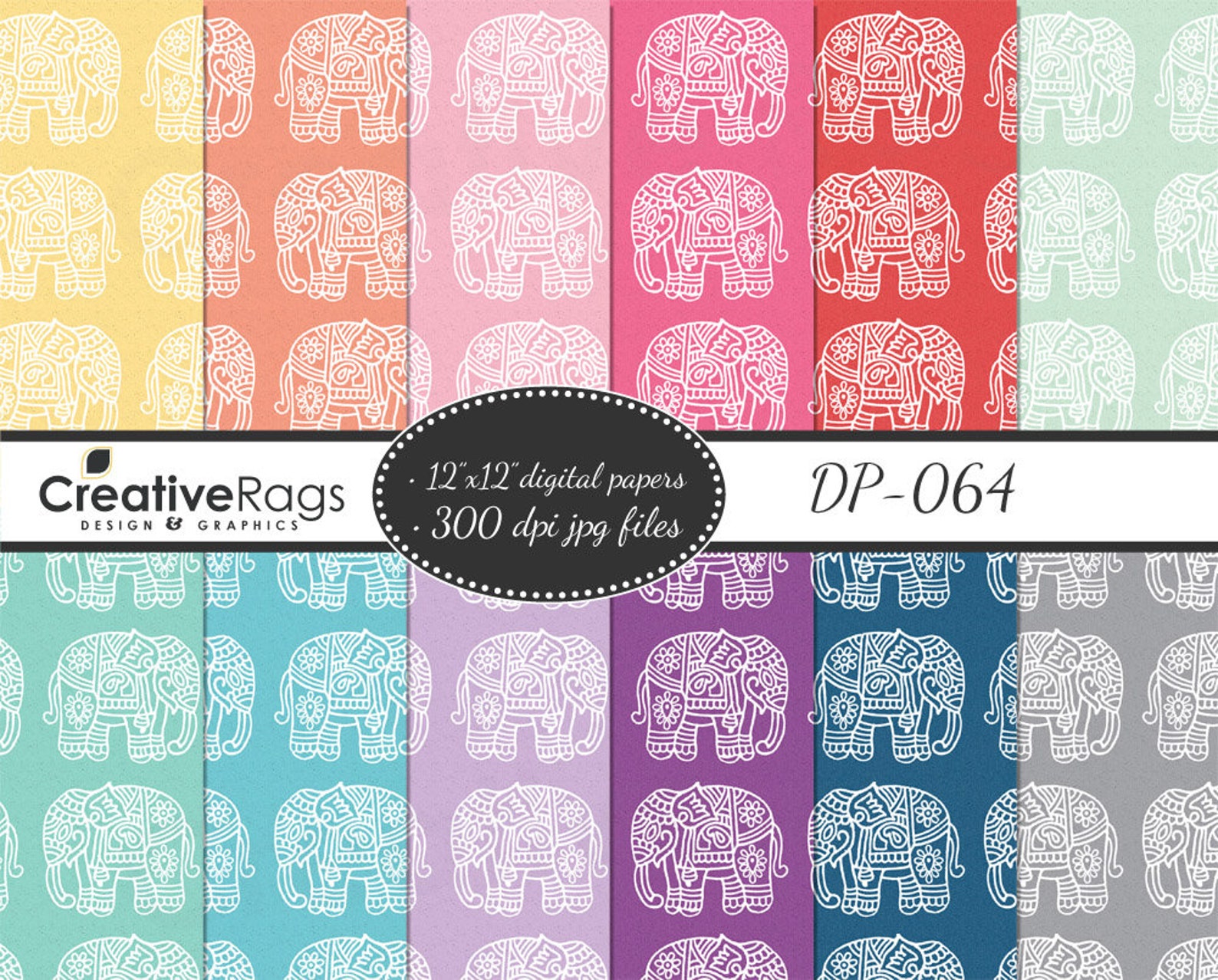 12 Elephant Animal Block Prints Digital Paper Pack 12"x 12" Printable ...
