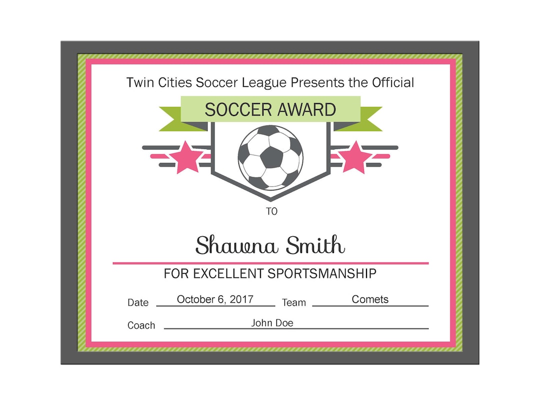 Editable PDF Sports Team Soccer Certificate Award Template in 3 Colors ...