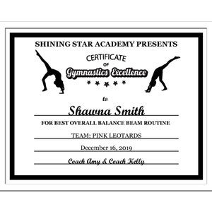 Editable PDF Sports Team Gymnastics Certificate Award Template in Black ...