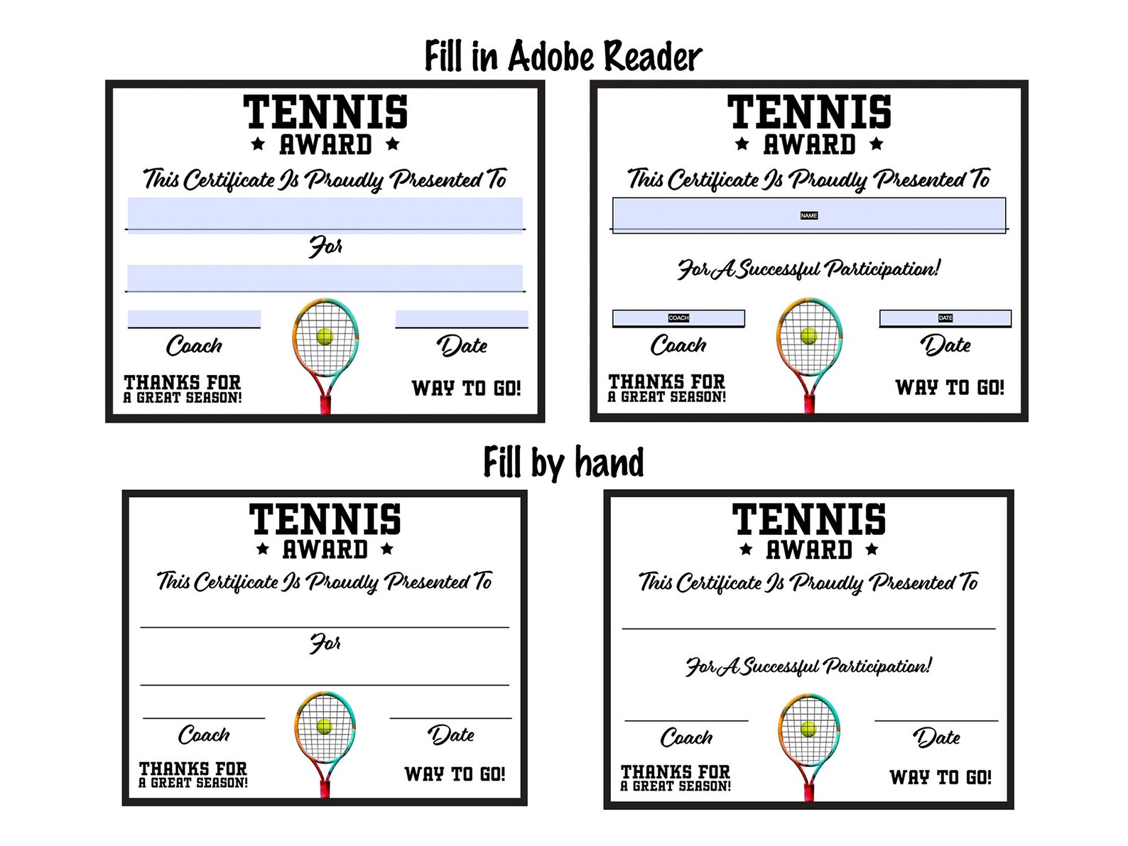 Tennis Certificate Fillable/editable PDF Participation - Etsy
