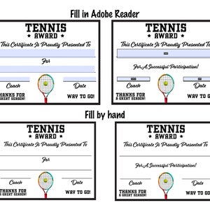 Tennis Certificate Fillable/editable PDF Participation Achievement ...