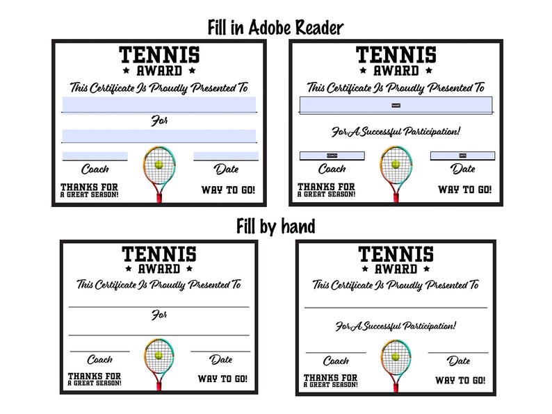 Tennis Certificate Fillable/editable PDF Participation - Etsy