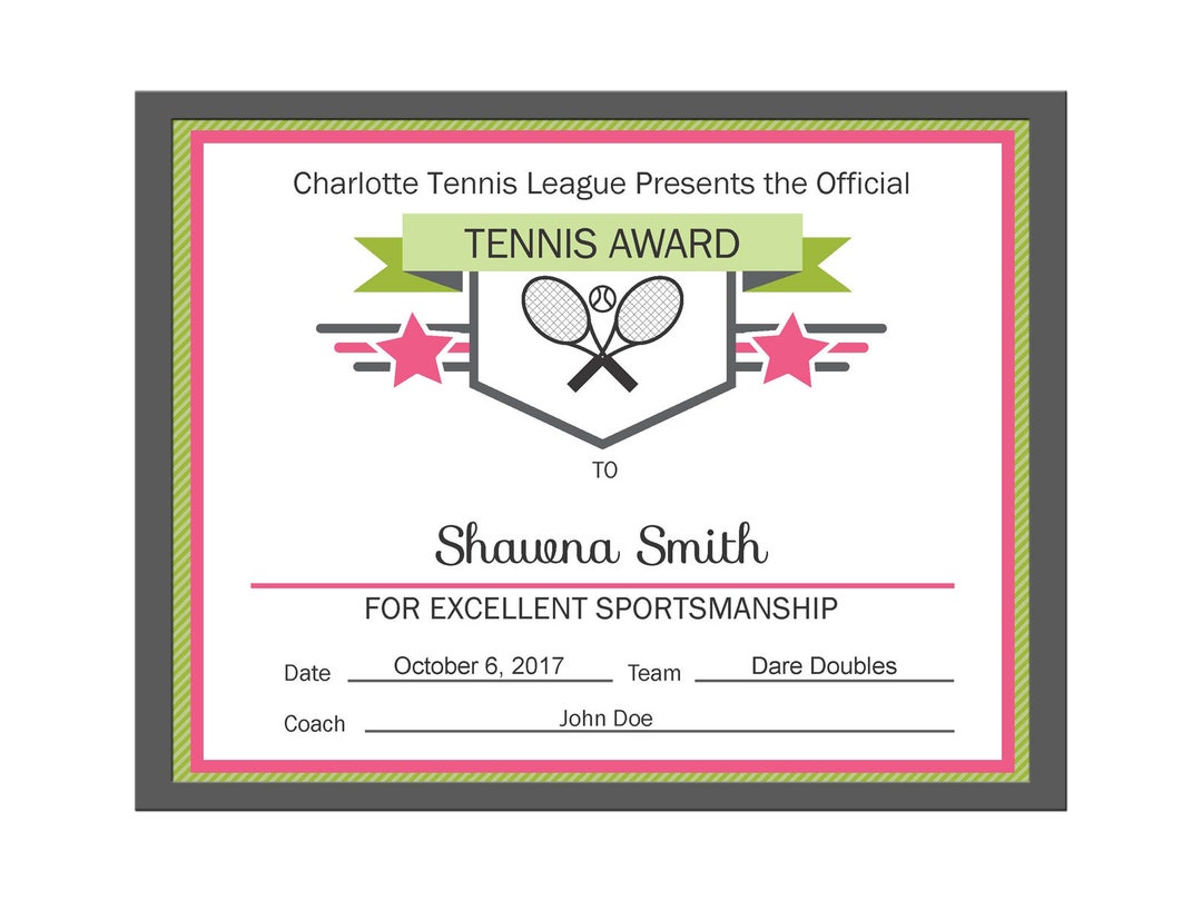 Editable PDF Sports Game Team Tennis Certificate Award Template in 3 ...