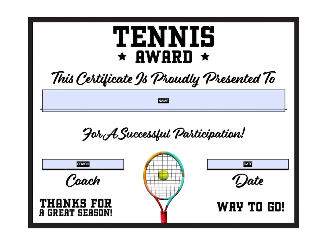 Tennis Certificate Fillable/editable PDF Participation - Etsy