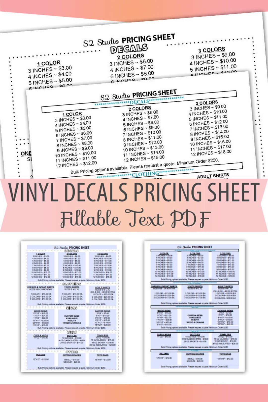 Vinyl Decal Pricing Sheet: Fillable PDF Form (instant Download) - Etsy