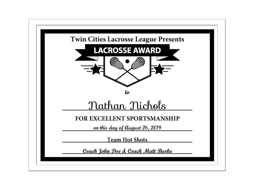 Editable PDF Lacrosse Sports Team Certificate Award Template Letter ...