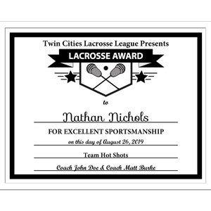 Editable PDF Lacrosse Sports Team Certificate Award Template Letter ...
