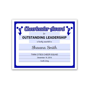 Cheerleader Cheer Certificate Editable PDF Royal Blue Sports Team Diy ...