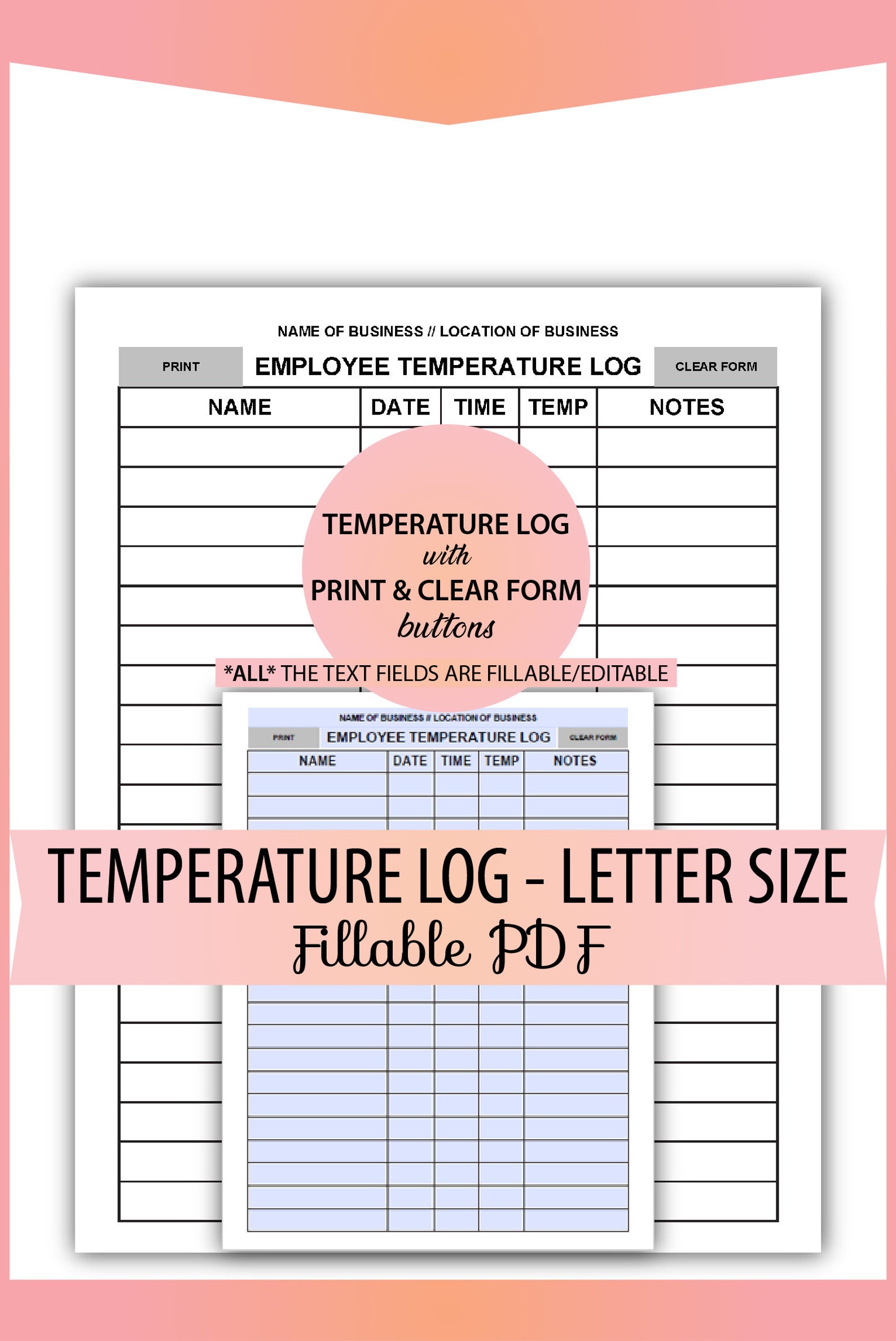 Temperature Screening Log Form Fillable/editable Text Only PDF - Etsy