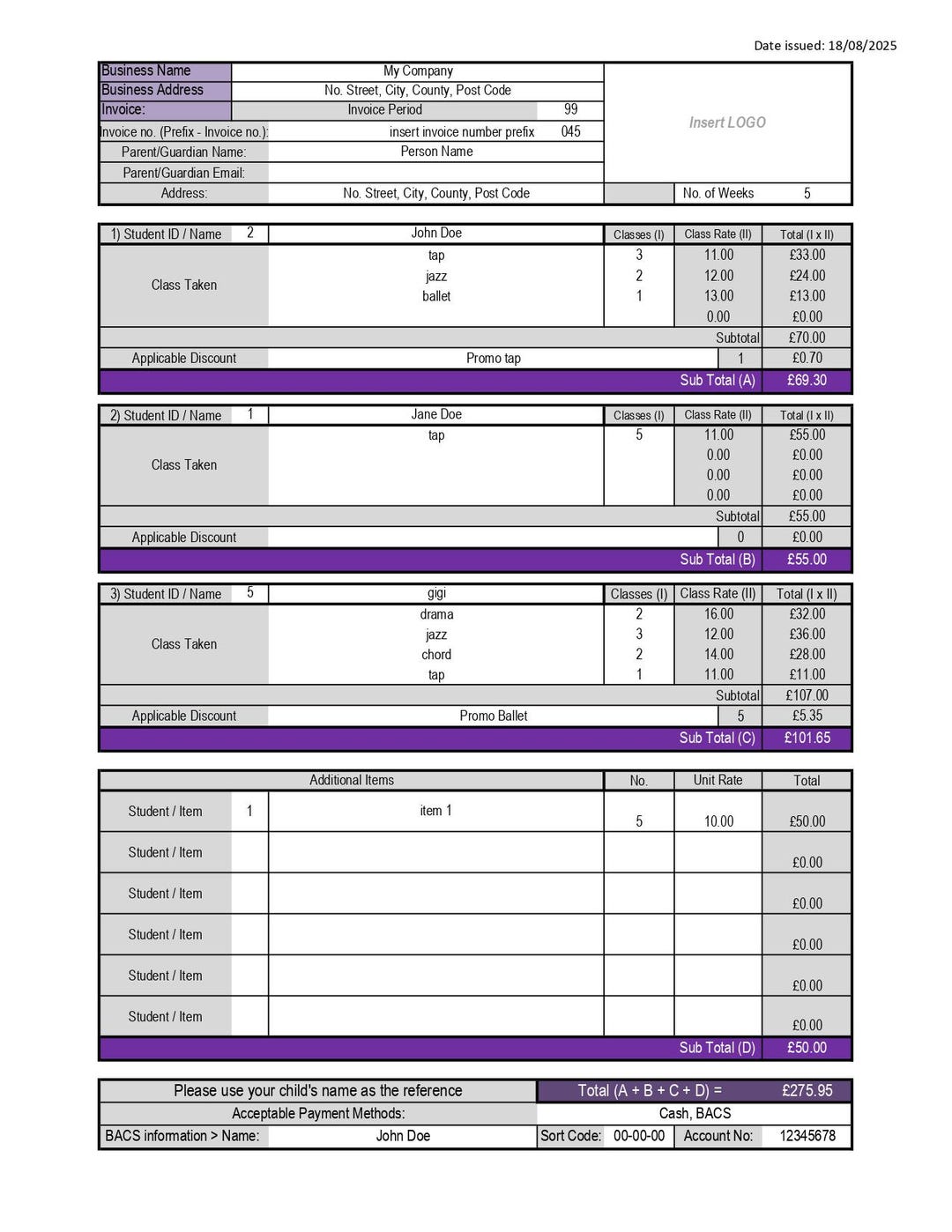 Digital Student Invoice, Excel & Google Compatible - Etsy