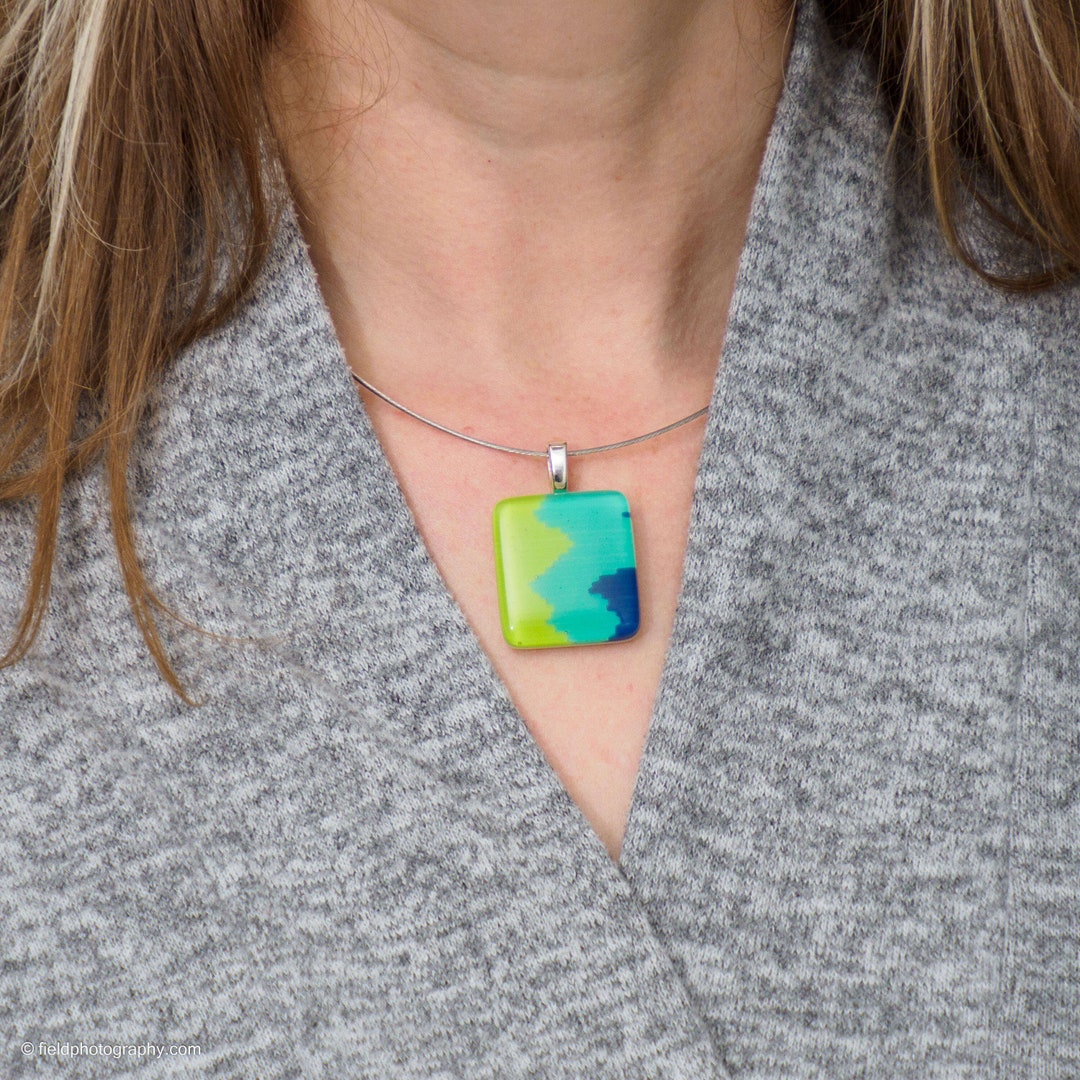 Lime Green/teal/cobalt Blue Funky Fused Glass Pendant. Unique Modern ...
