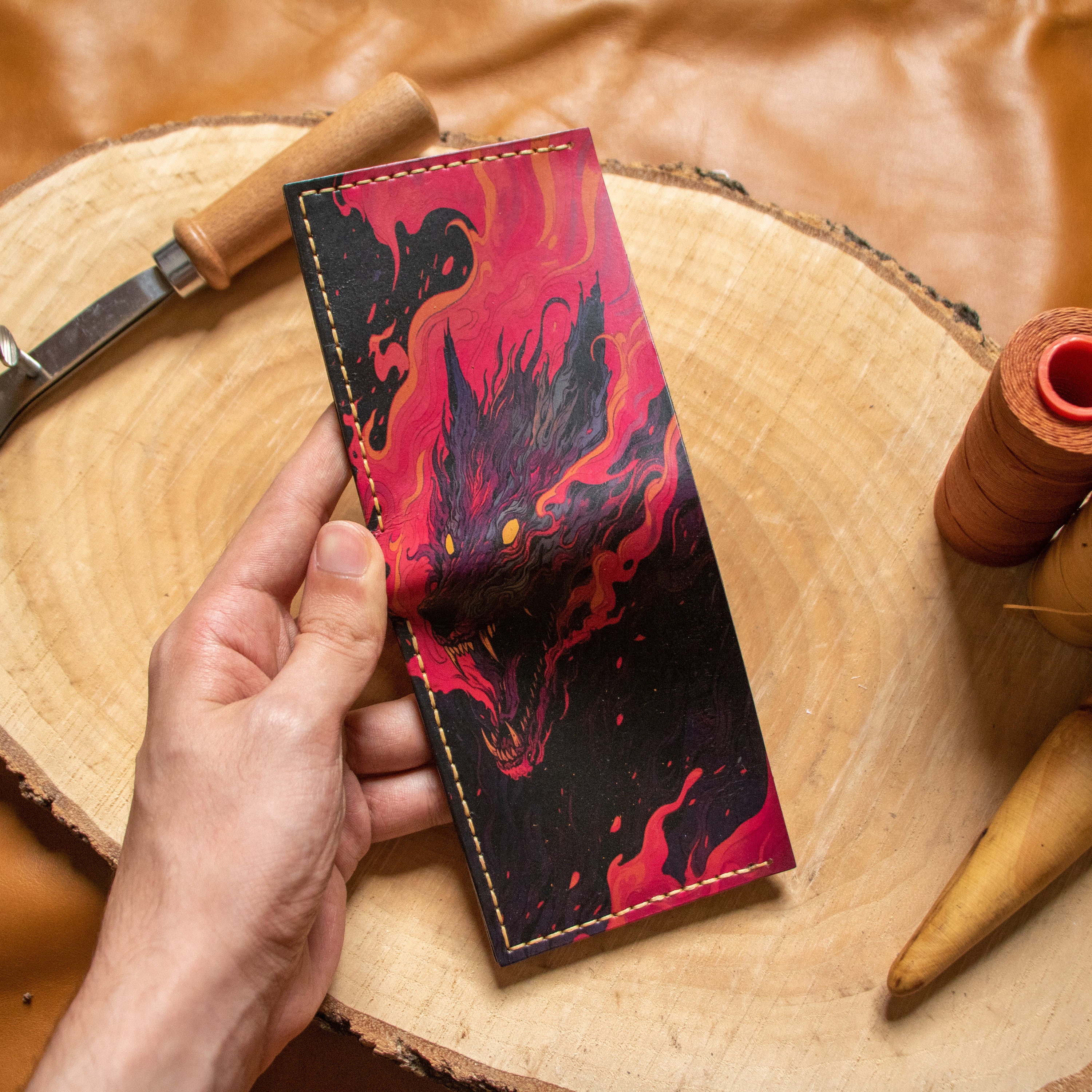 Flame Wolf Handmade Leather Wallet, Father's Day Gift, Bifold Wallet ...