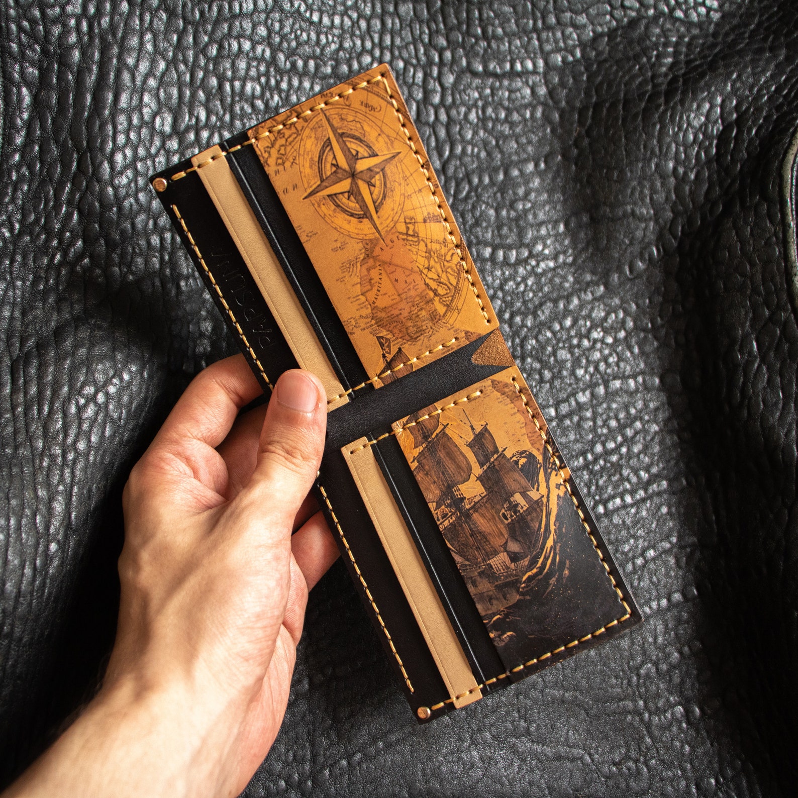 Handmade Leather Wallet With Nautical Map and Ship Design, Unique Gift ...