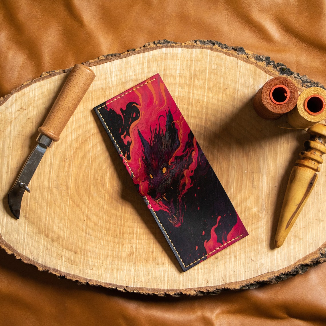 Flame Wolf Handmade Leather Wallet, Father's Day Gift, Bifold Wallet ...
