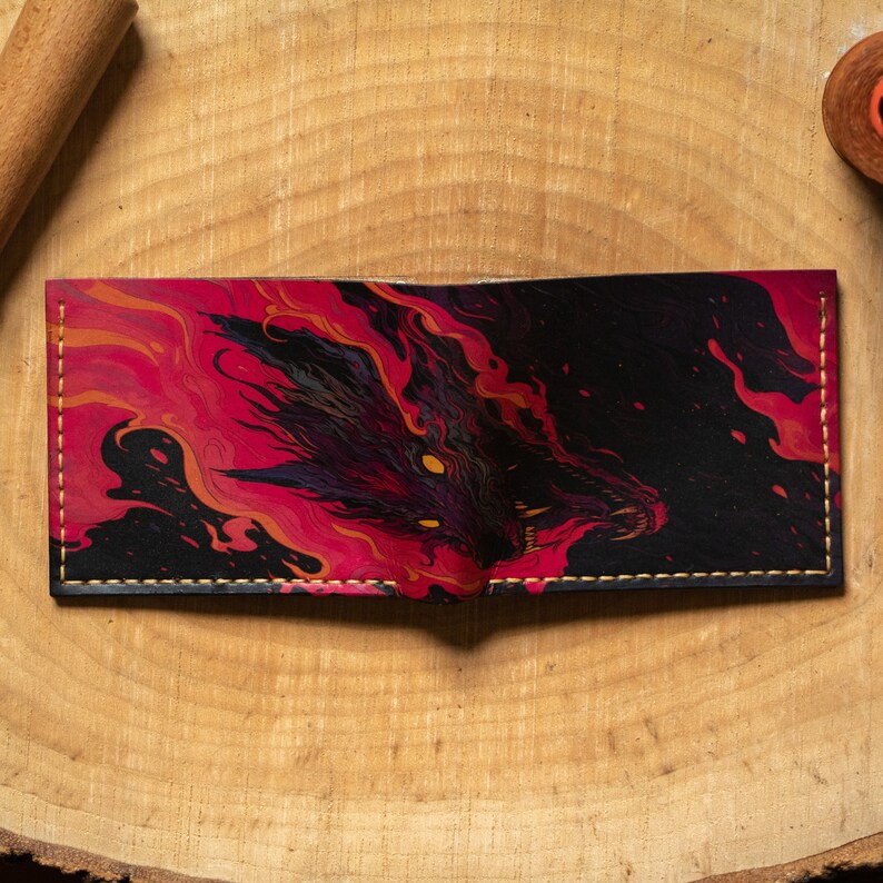 Flame Wolf Handmade Leather Wallet, Father's Day Gift, Bifold Wallet ...