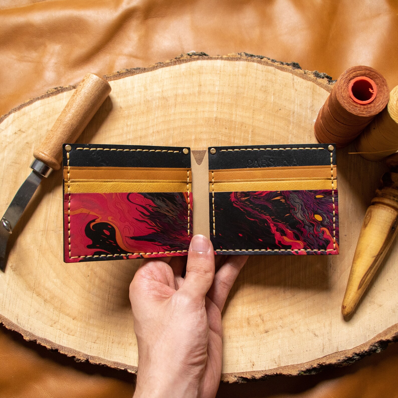 Flame Wolf Handmade Leather Wallet, Father's Day Gift, Bifold Wallet ...