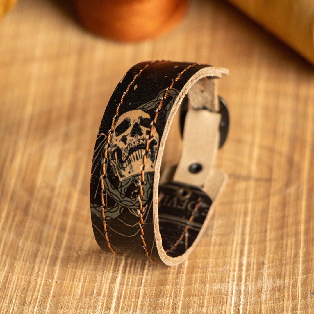 Black Leather Bracelet, Devil Design Leather Cuff, Men's Leather Bracelet, Boho Leather Bracelet ...