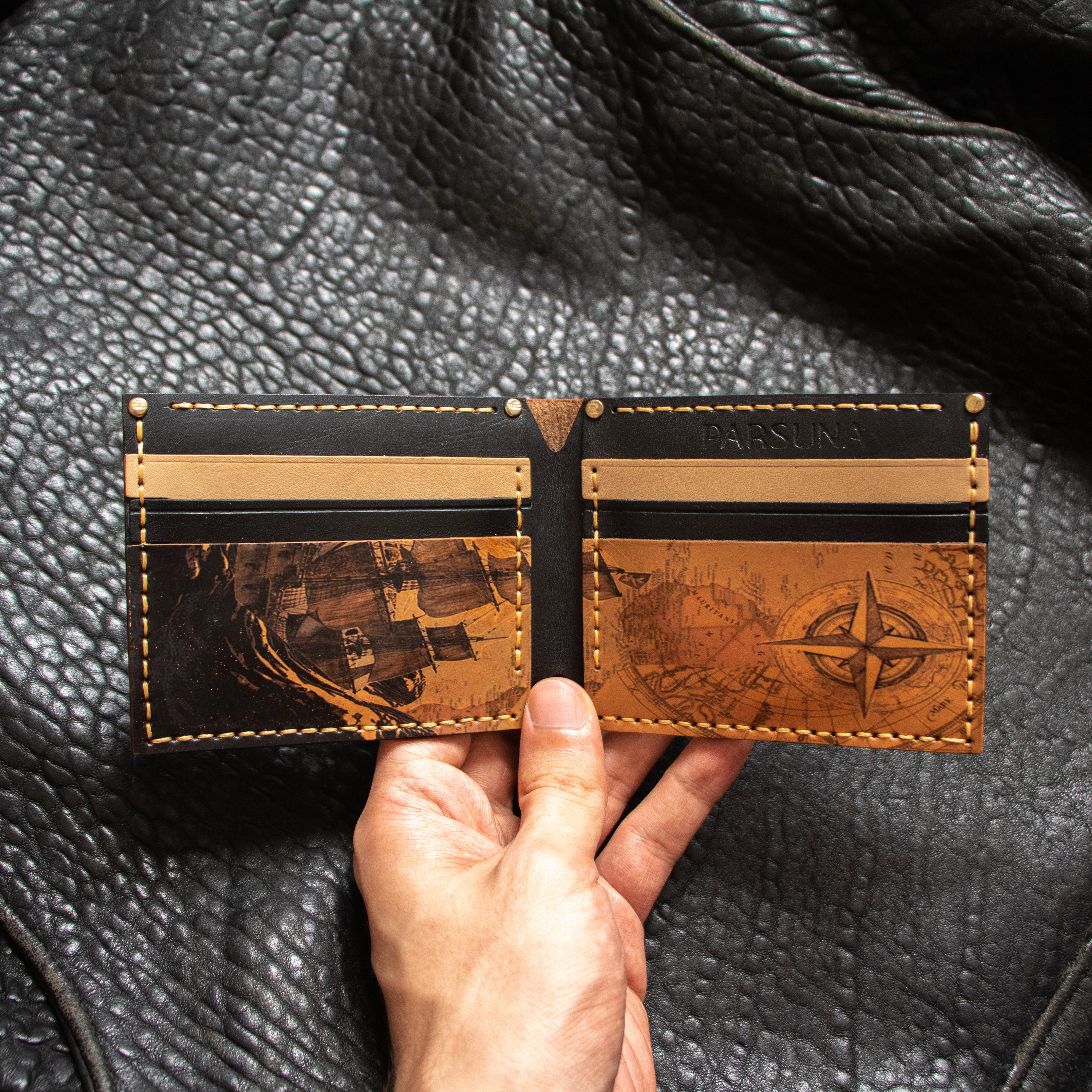 Handmade Leather Wallet With Nautical Map and Ship Design, Unique Gift ...