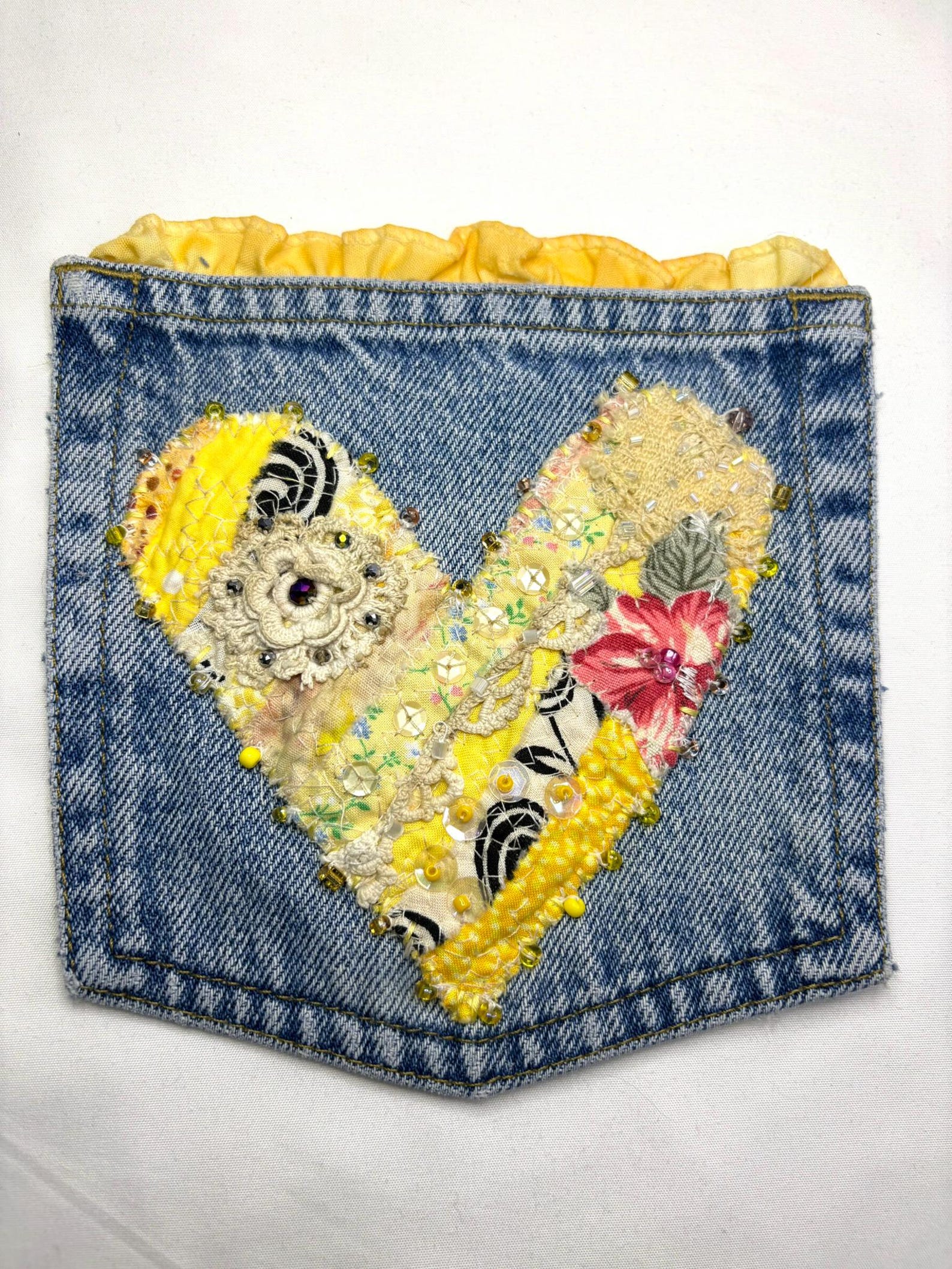 Upcycled Denim Pocket Patch – Appliqued Textile Heart - Yellow Ruffle ...