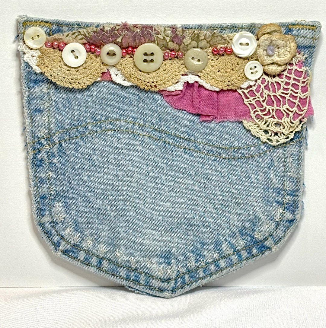 Upcycled Denim Pocket Patch | Lace Buttons Pink Ruffle - Etsy
