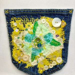 Upcycled Denim Pocket Patch – Appliqued Floral Design, Vintage Buttons ...