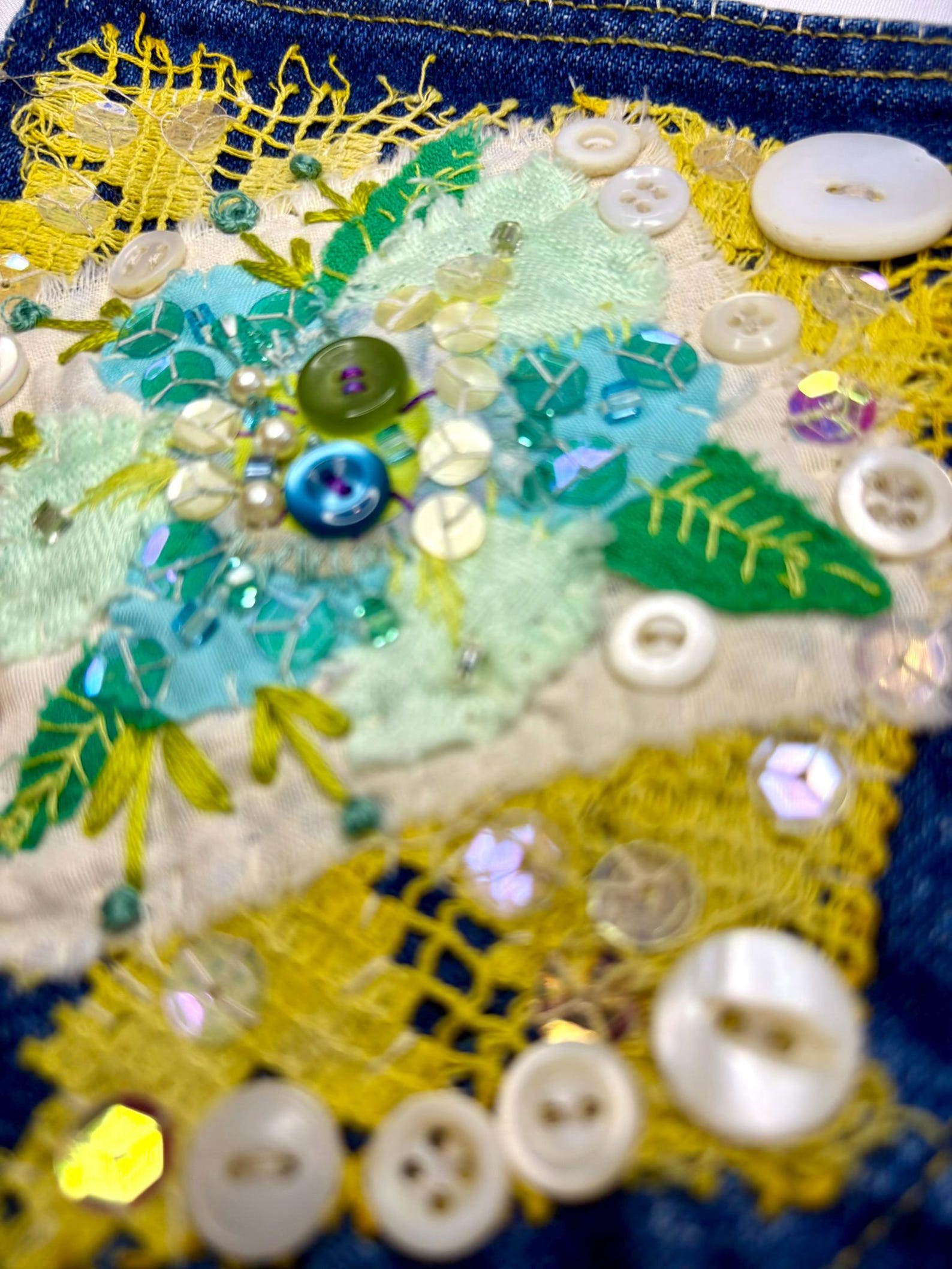 Upcycled Denim Pocket Patch – Appliqued Floral Design, Vintage Buttons ...