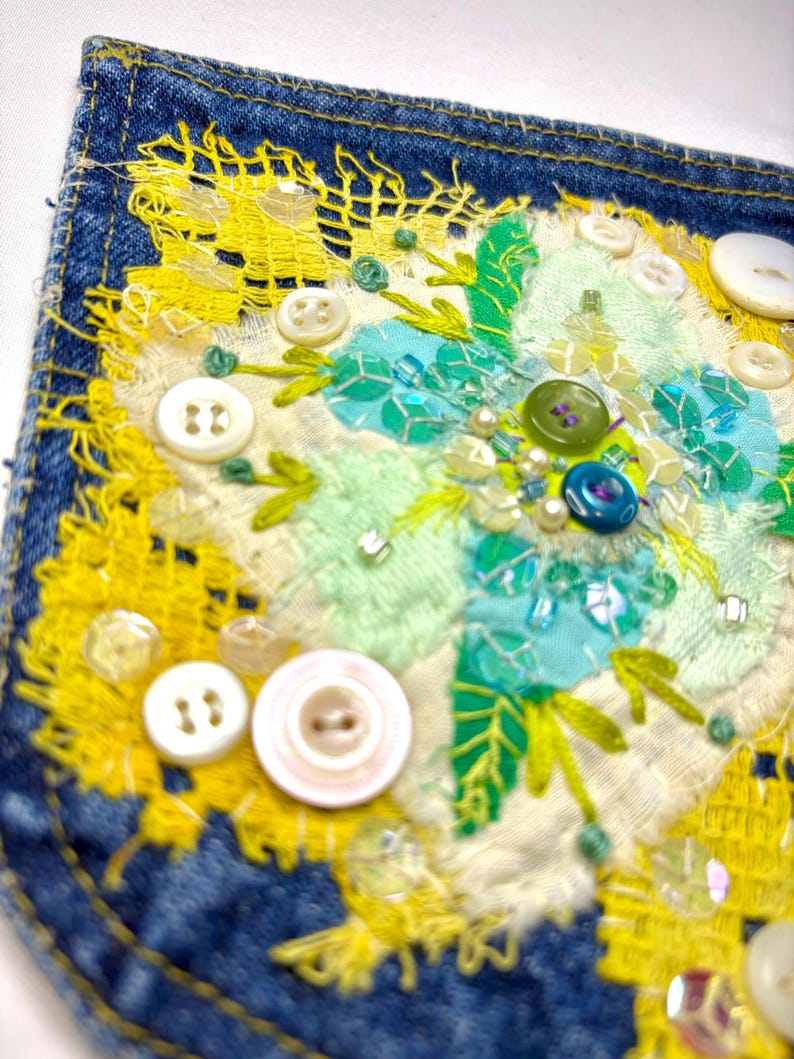 Upcycled Denim Pocket Patch – Appliqued Floral Design, Vintage Buttons ...