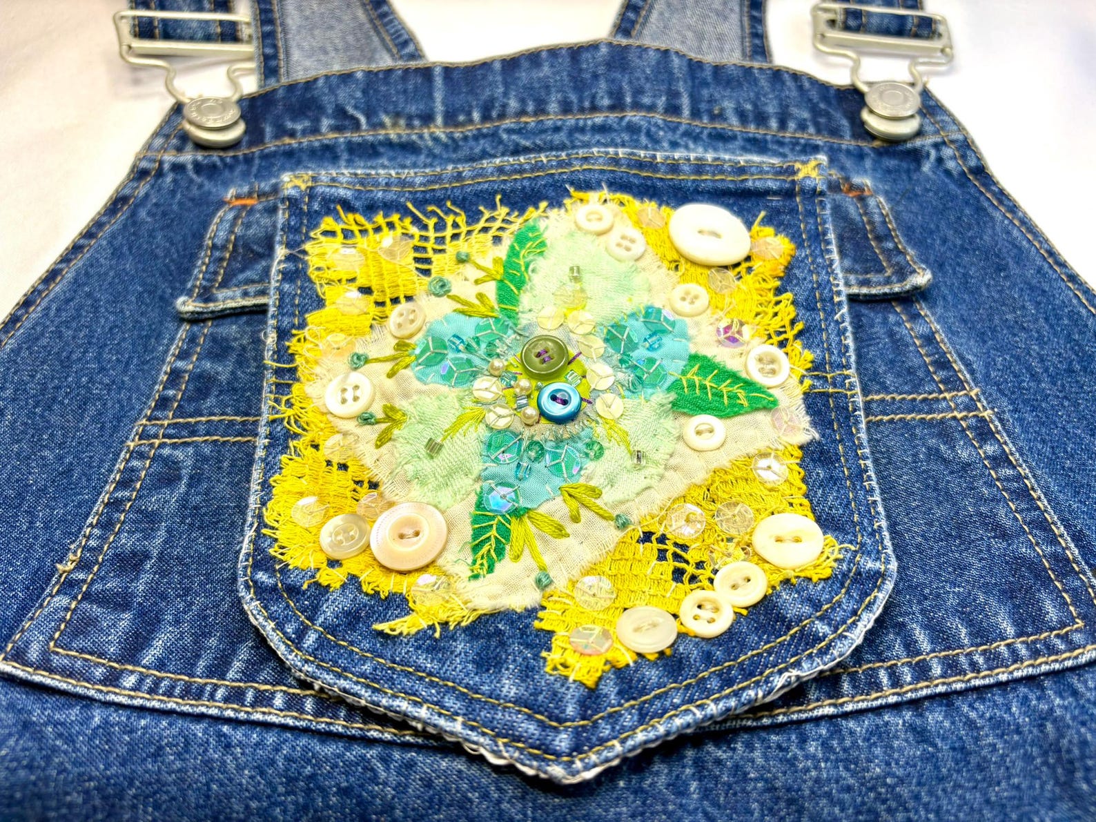 Upcycled Denim Pocket Patch – Appliqued Floral Design, Vintage Buttons ...