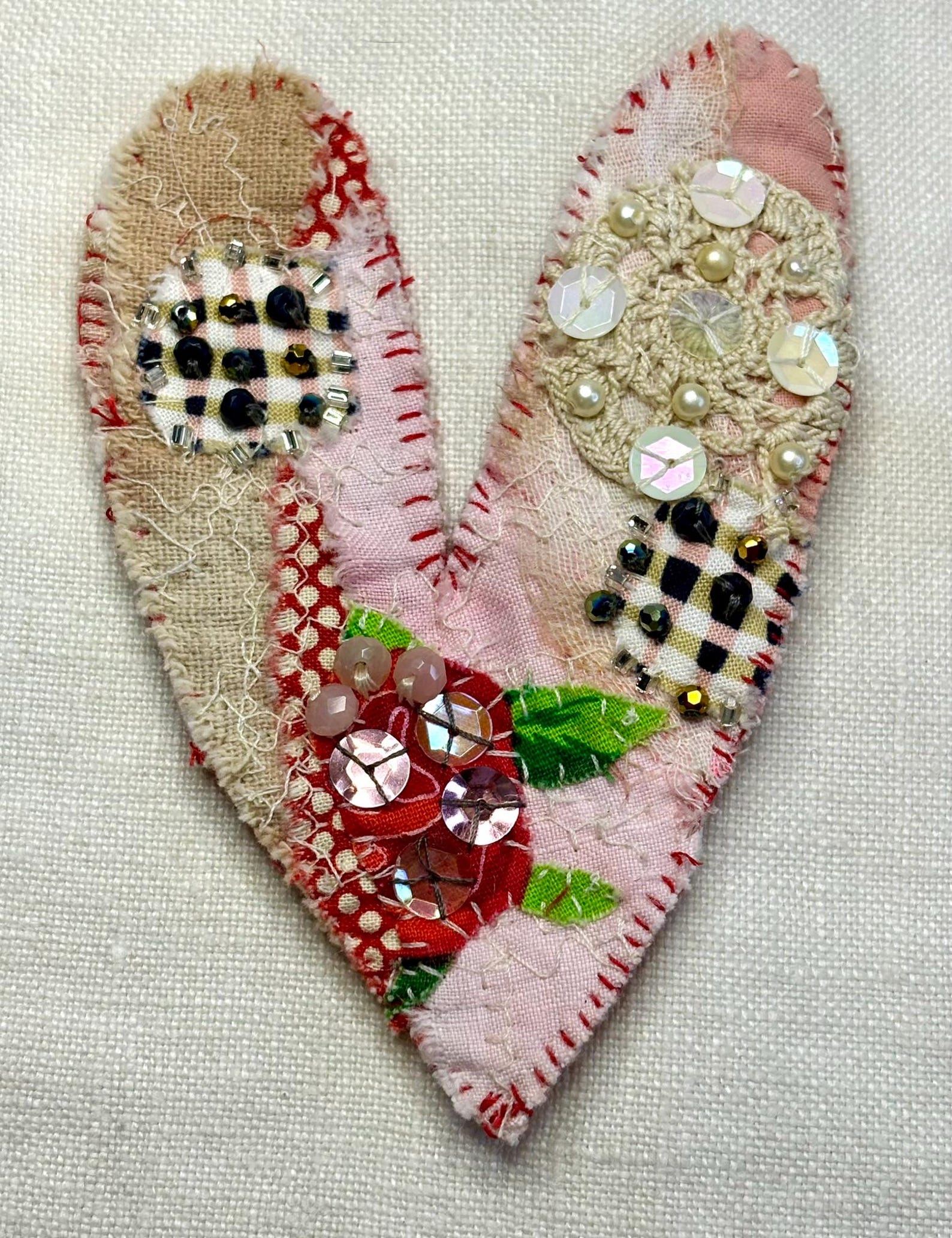 Textile Heart Patches - (set of 3) Embellished Fabric Collage - Pink ...